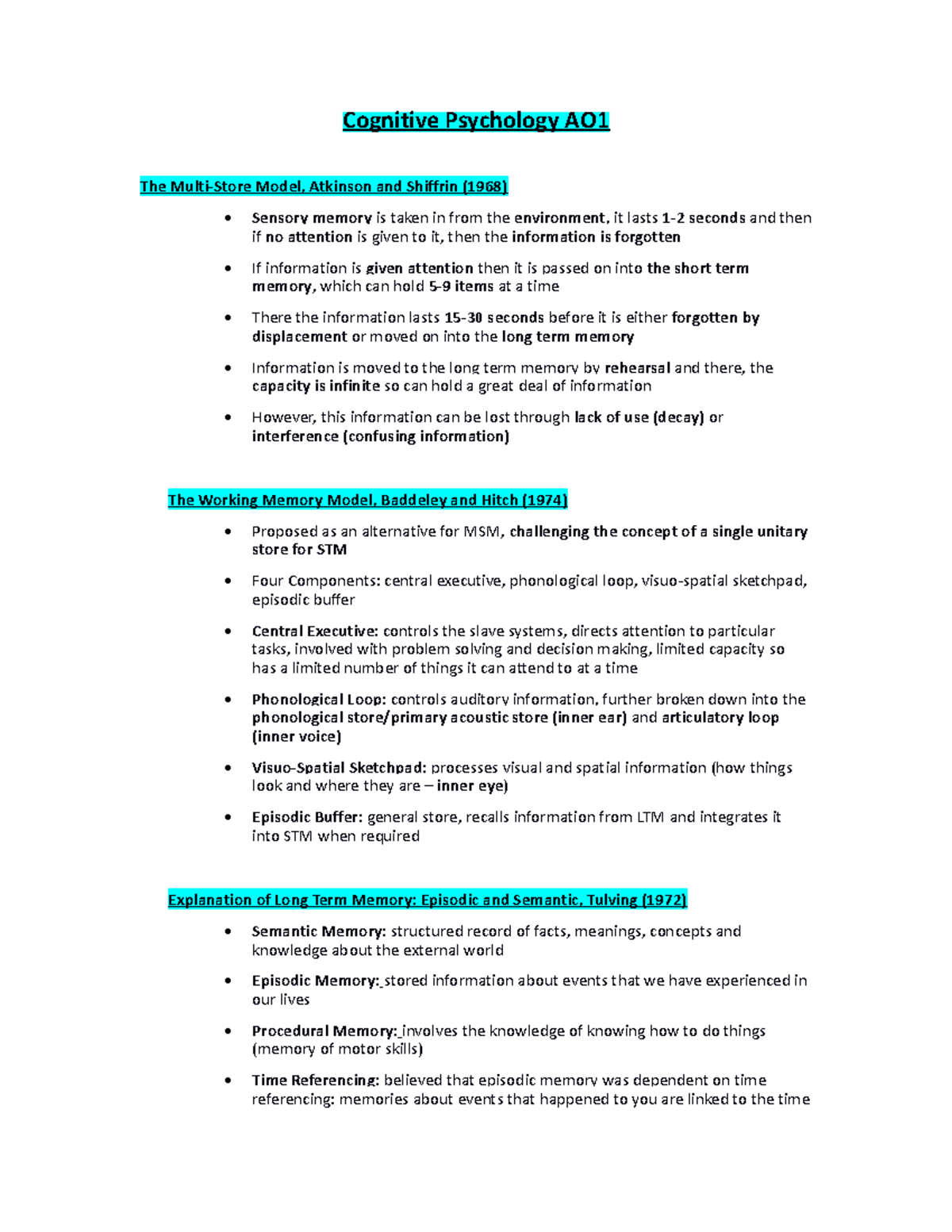 Cognitive Psychology AO1 1 - Cognitive Psychology AO The Multi-Store ...