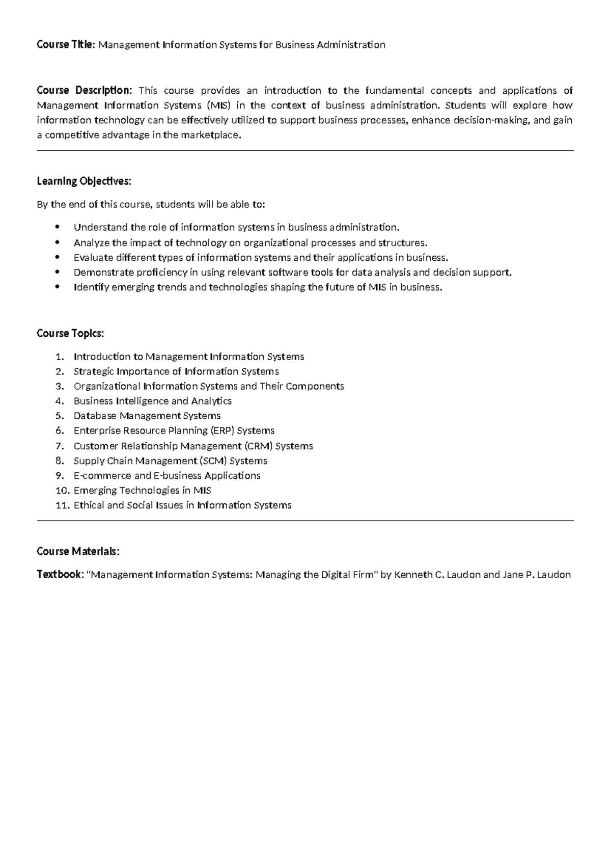 MIS Syllabus - Course Title: Management Information Systems for ...