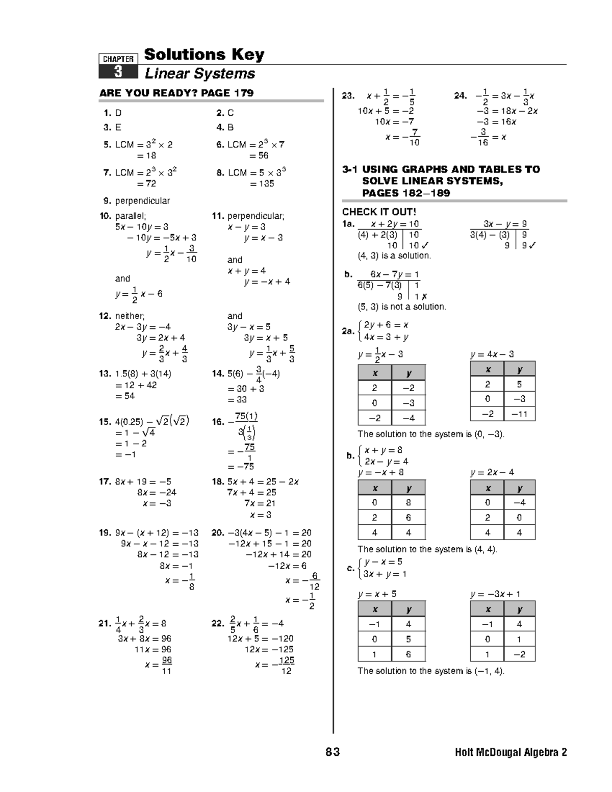 CH3.Solutions CHAPTER 2 - Solutions Key 3 Linear Systems CHAPTER ARE YOU READY? PAGE 179 D 2. C ...