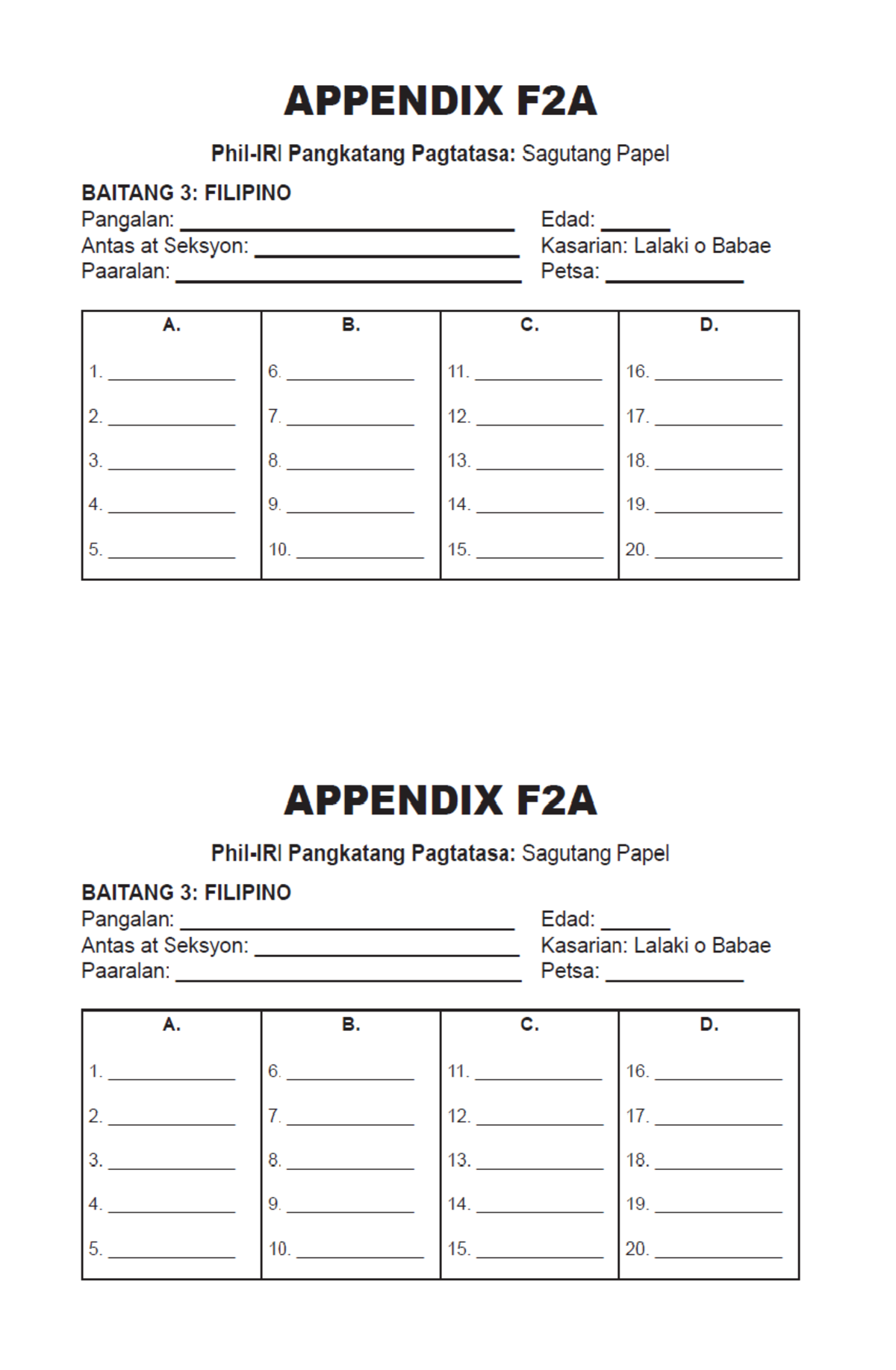 Phil-IRI GST Answer Sheet - APPENDIX F2A Phil-IRI Pangkatang Pagtatasa ...