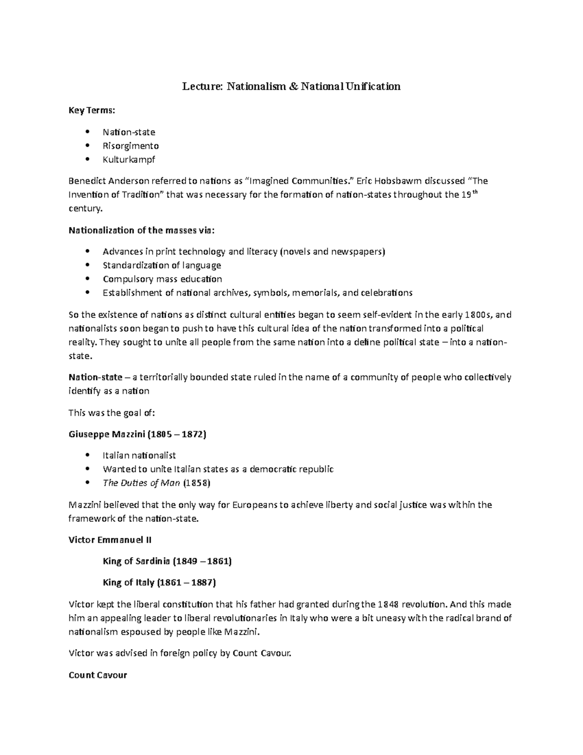 Nationalism Lecture Notes - Lecture: Nationalism & National Unification ...