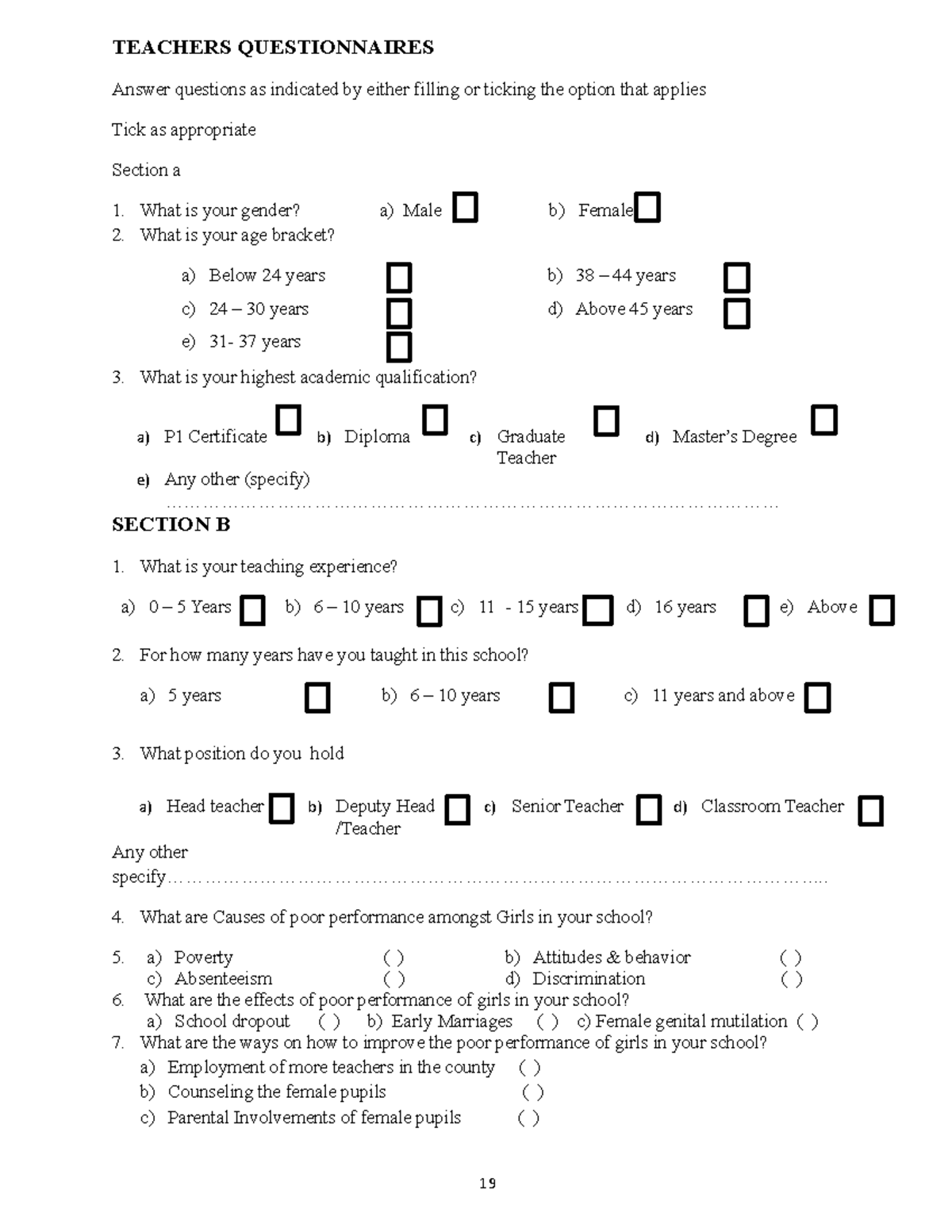 Teachers Questionnaires - TEACHERS QUESTIONNAIRES Answer questions as ...