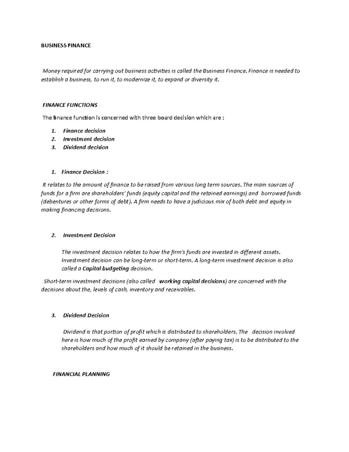Finance function and Financial planning - BUSINESS FINANCE establish a ...