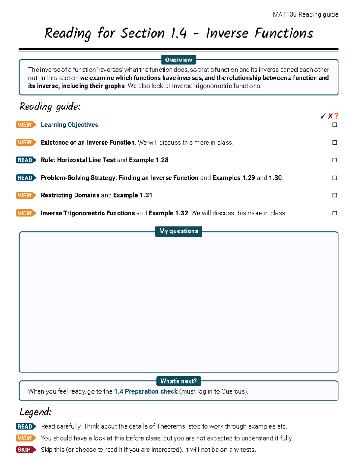 Reading Guide Section 1.4 - MAT135 Reading guide Reading for Section 1 - Inverse Functions ...
