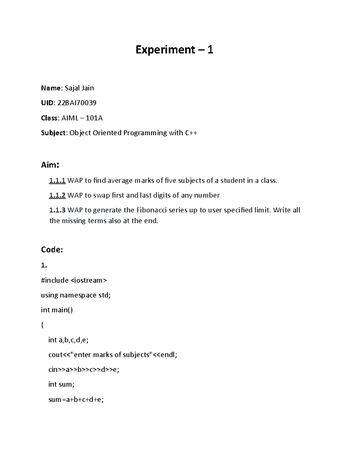 Experiment 1 C C Assingment Sem 2 Experiment 1 Name Sajal Jain Uid 22bai Class Aiml