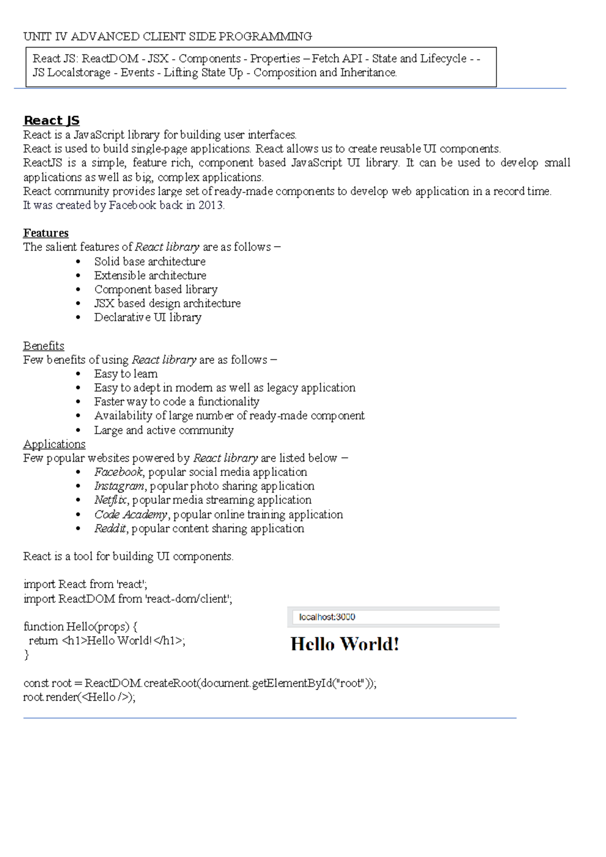 MC4201 Full stack IV Unit React JS - UNIT IV ADVANCED CLIENT SIDE PROGRAMMING React JS React is ...