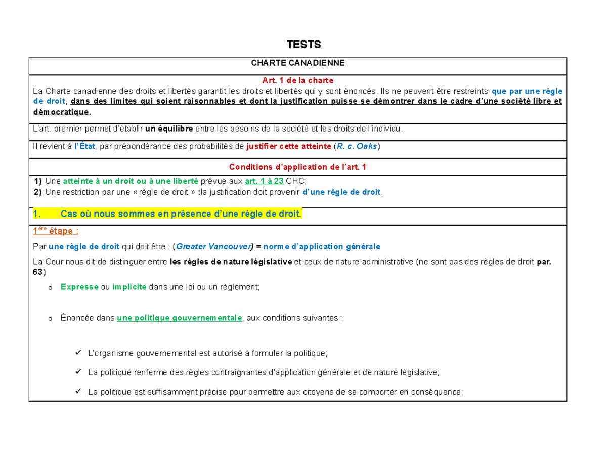 Tableaux des Tests - TESTS CHARTE CANADIENNE Art. 1 de la charte La ...