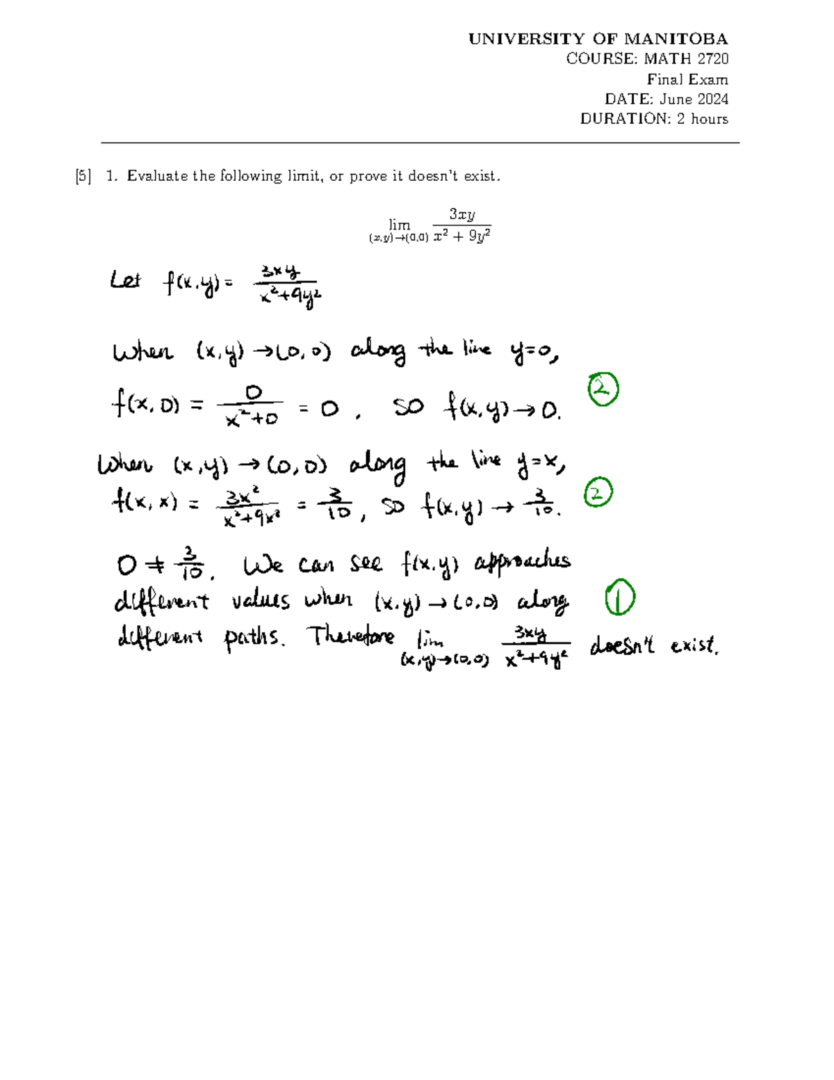 S24 MATH2720 final marking - COURSE: MATH 2720 Final Exam DATE: June 2024 DURATION: 2 hours [5 ...