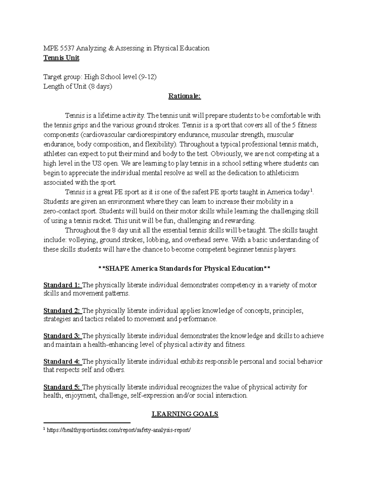 Tennis Unit for Physical Education - MPE 5537 Analyzing & Assessing in ...