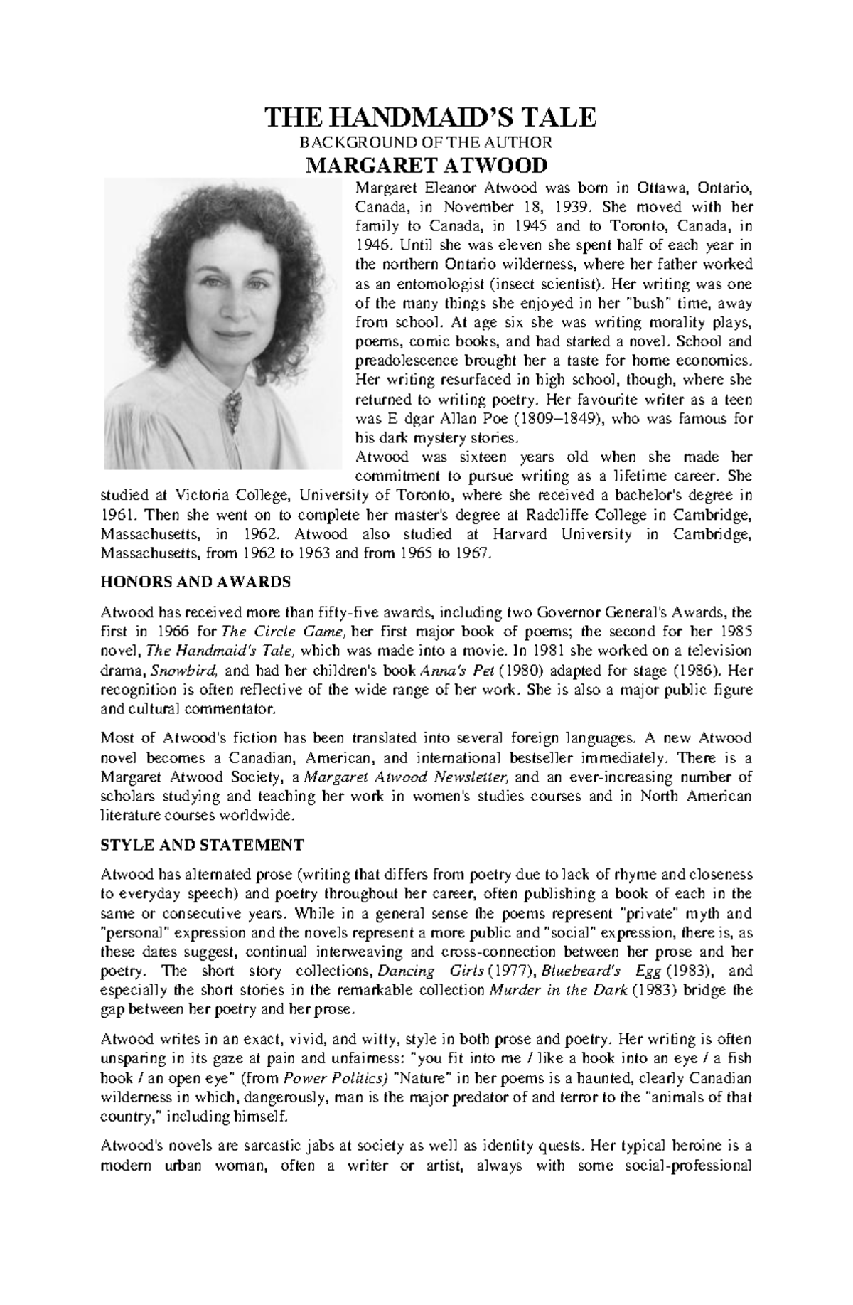 The handmaid's tale - - Studocu