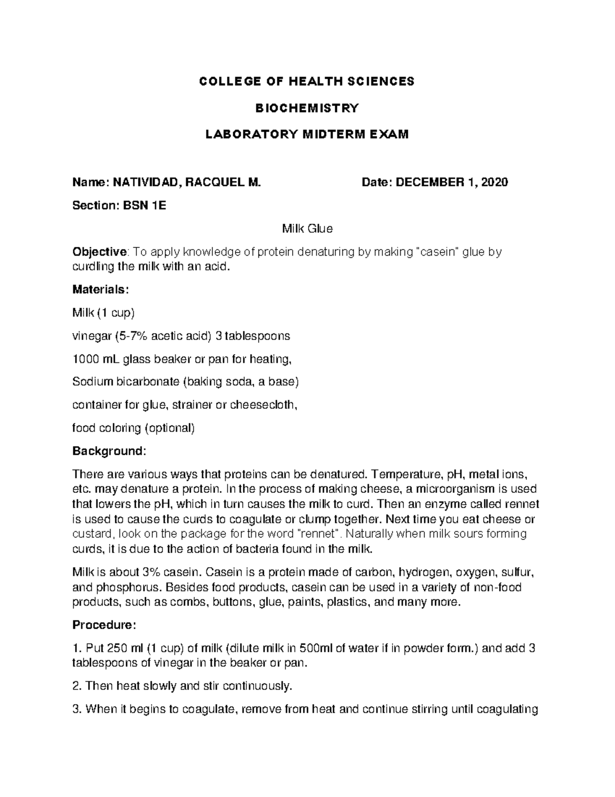 Laboratory Examination MILK GLUE - COLLEGE OF HEALTH SCIENCES ...