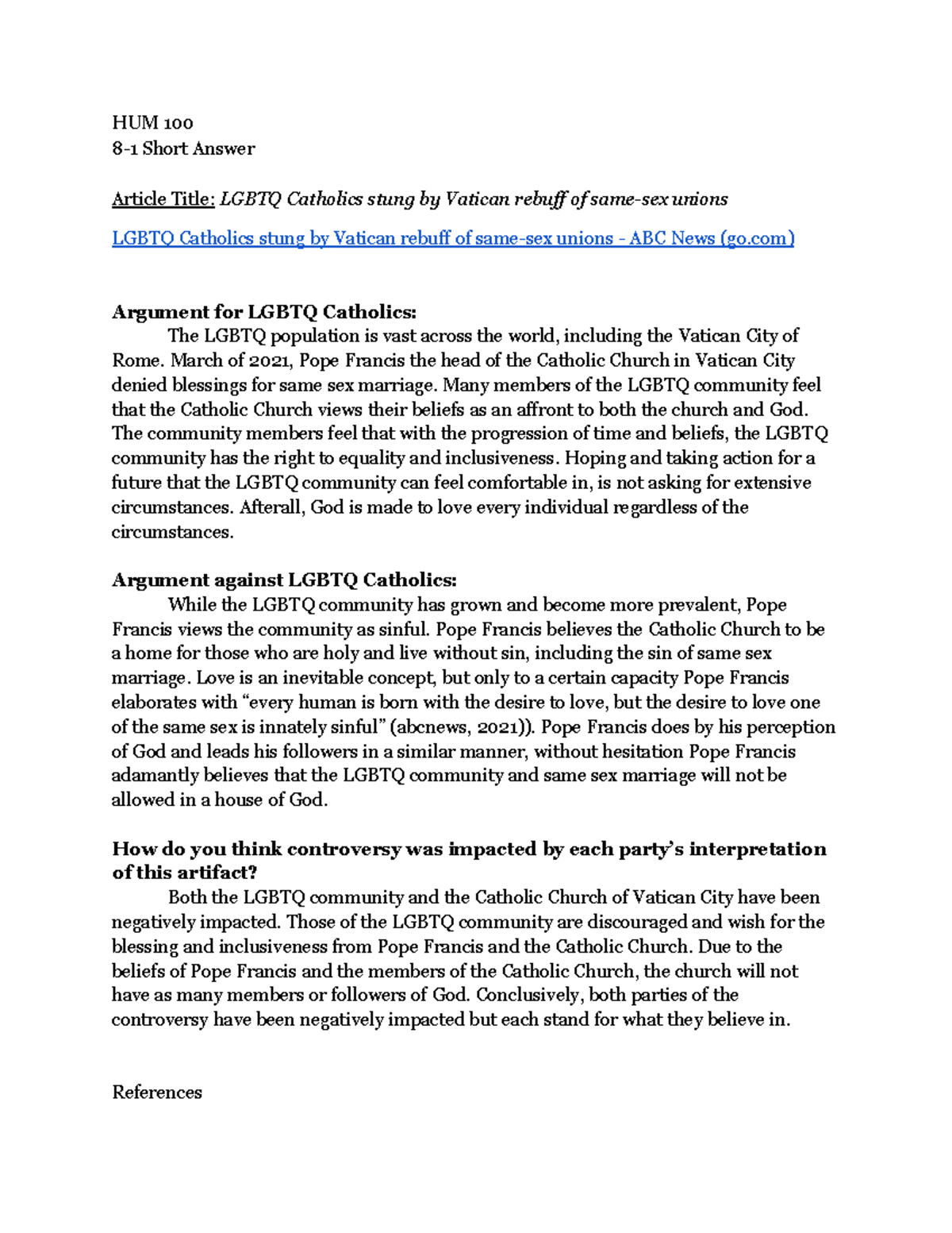 Short Answer for Module 8 (8-1) - HUM 100 8-1 Short Answer Article ...