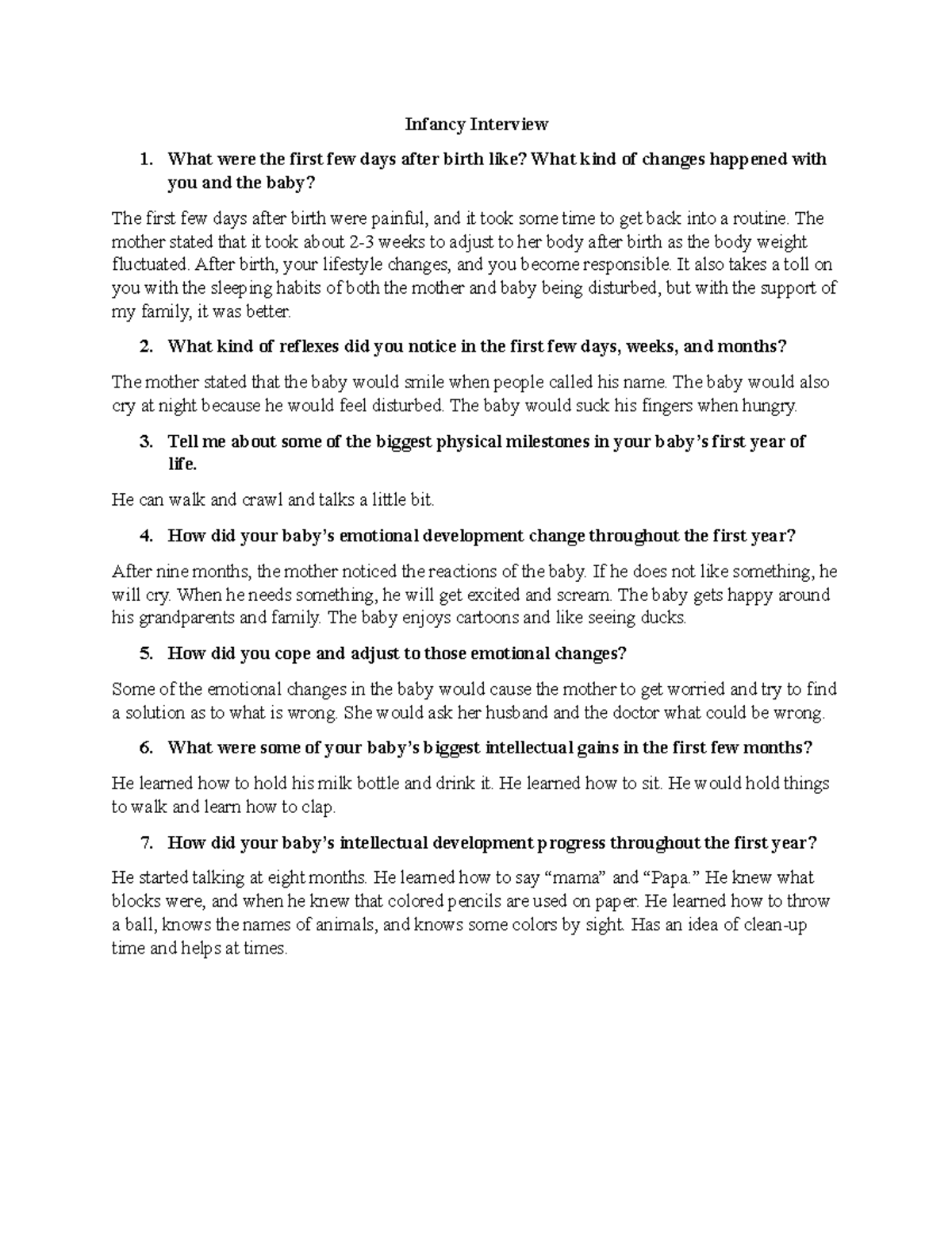 Infancy Interview - Assignment - Infancy Interview What were the first ...