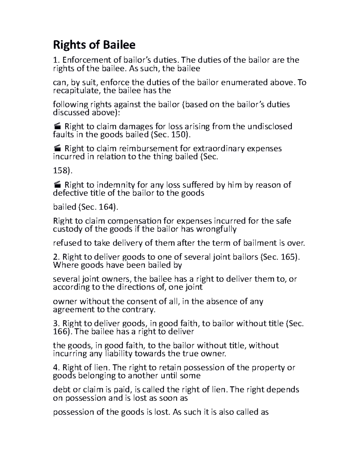 Rights of Bailee AND bailor - Rights of Bailee Enforcement of bailor’s ...