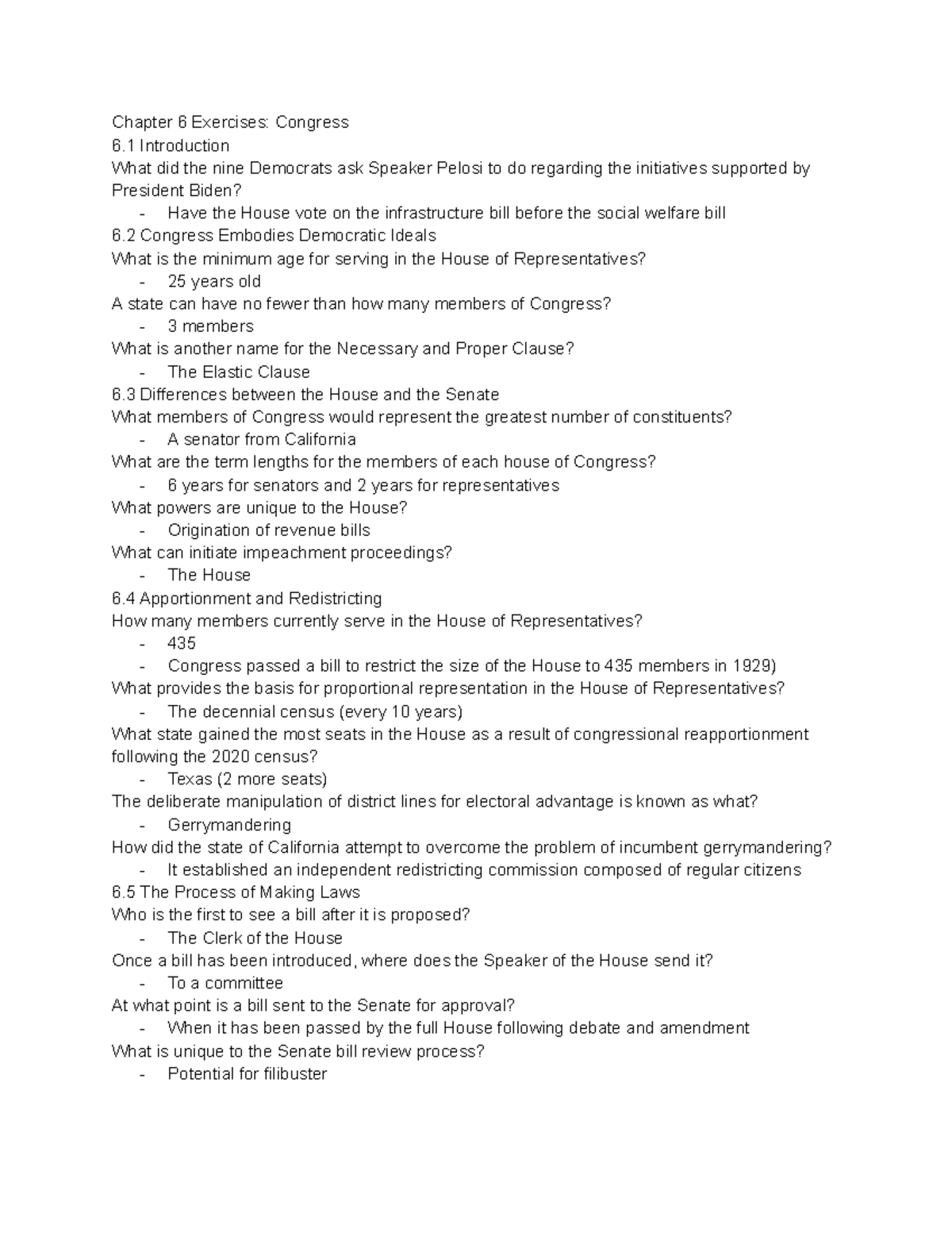 PSCI 2306 Ch 6 Exercises - Chapter 6 Exercises: Congress 6 Introduction ...