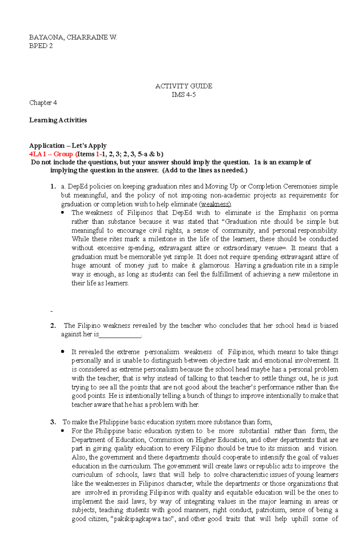 Activity Sheet for IMs 4-5 - BAYAONA, CHARRAINE W 2 ACTIVITY GUIDEIMS 4 ...