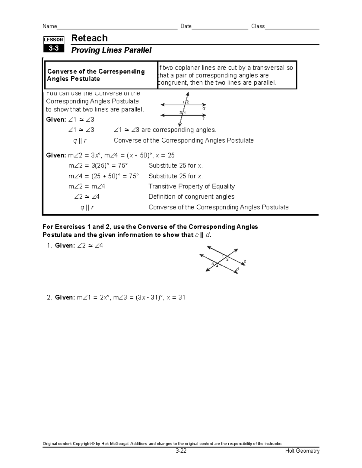 Reteach 3-3 1 - Practice - Reteach Proving Lines Parallel You can use ...