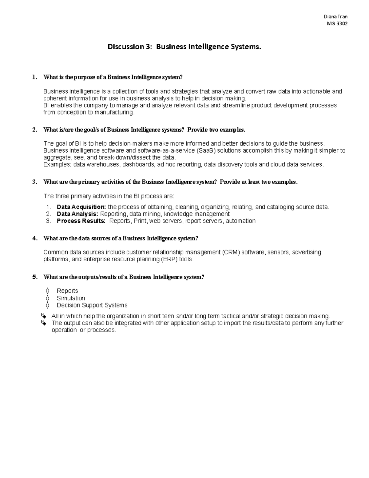 Disc 3- Business Intelligence Systems - Diana Tran MIS 3302 Discussion ...