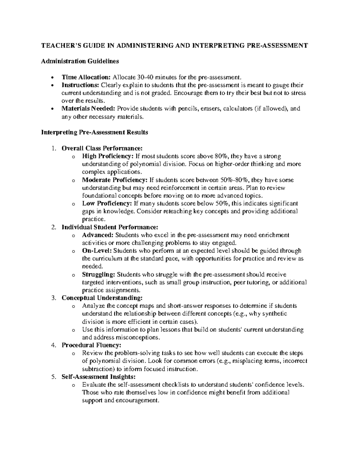Guide IN Administering PRE Assement - TEACHER’S GUIDE IN ADMINISTERING ...