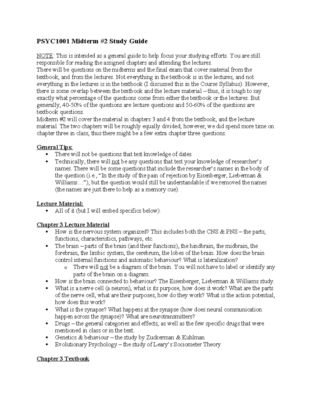 PSYC1001 Midterm 2 Study Guide - PSYC1001 Midterm #2 Study Guide NOTE: This is intended as a ...