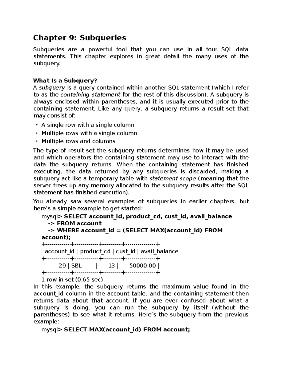 Chapter 9 Subqueries - Lecture notes 1 - 10 - Chapter 9: Subqueries ...