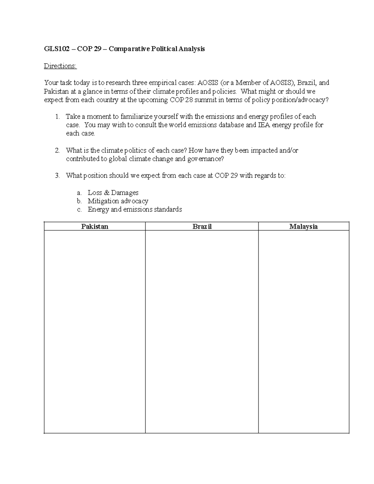 GLS102 Climate Analysis Worksheet COP29 (1) - GLS102 – COP 29 ...