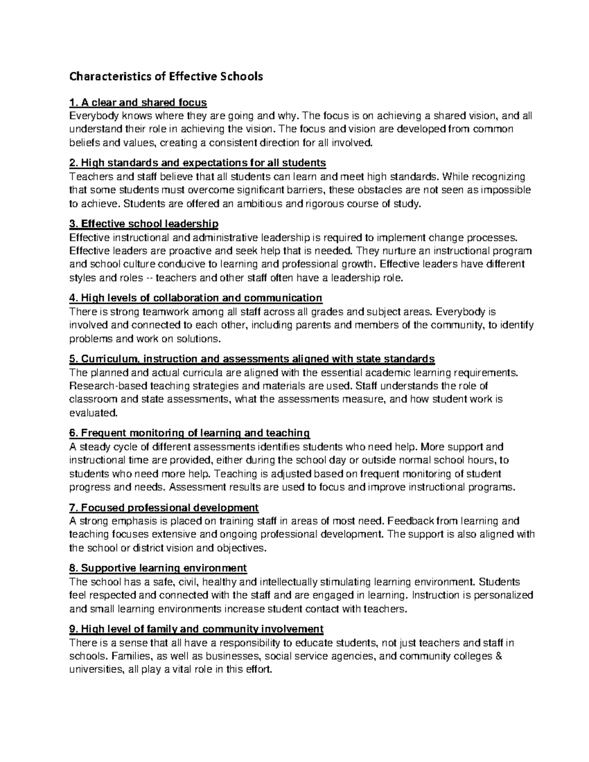 Effective Schools Characteristics - Characteristics of Effective ...