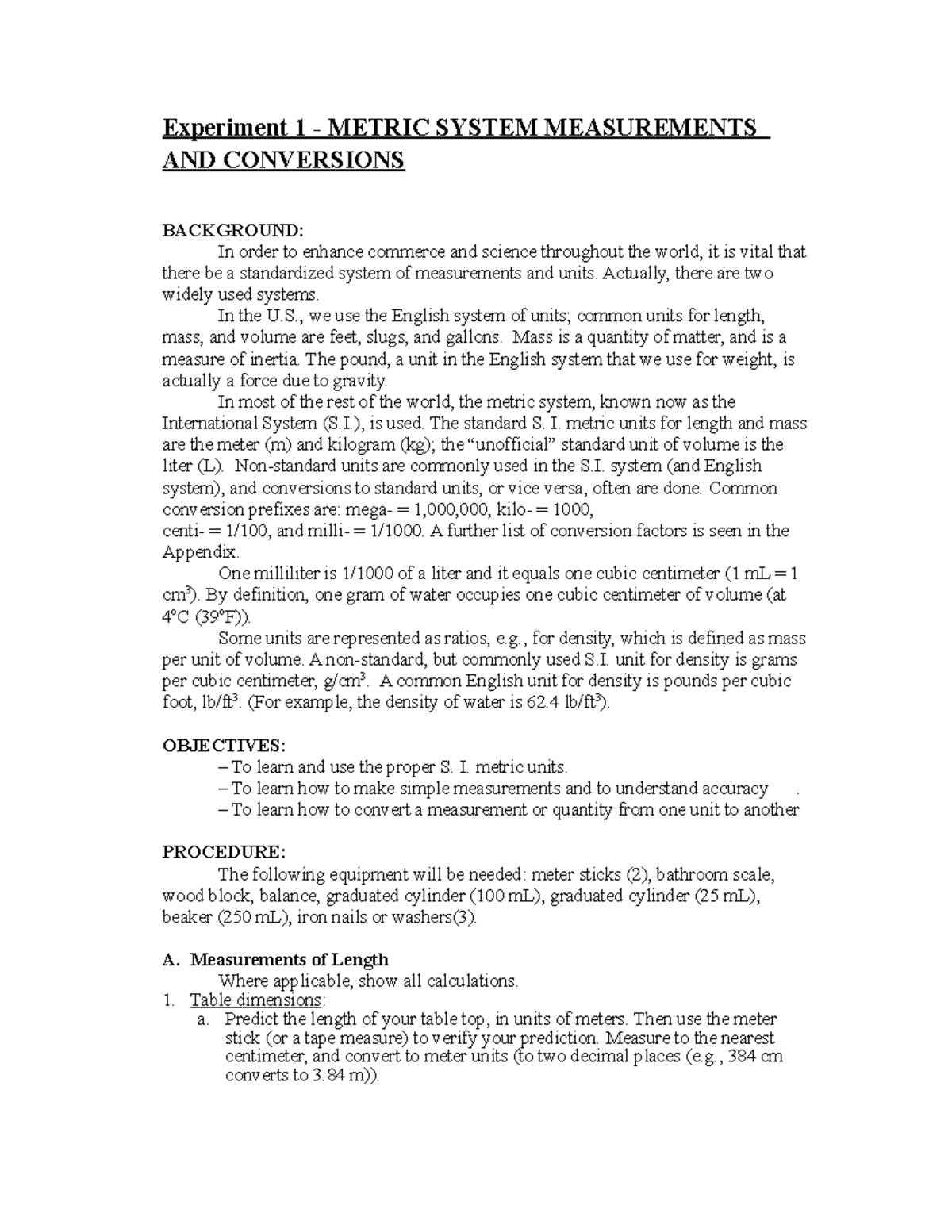 Experiment-Metric Activities - Experiment 1 - METRIC SYSTEM ...