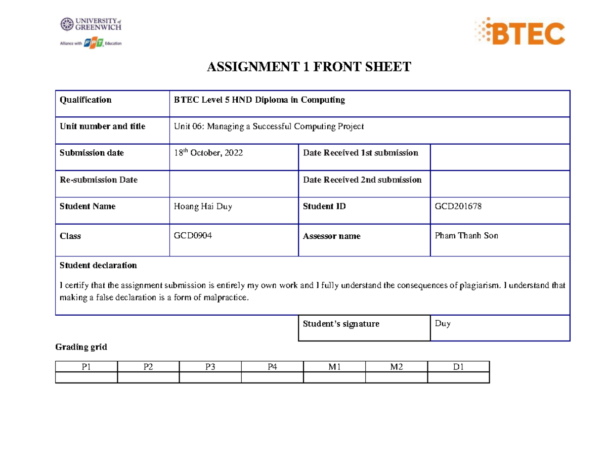 Unit 06 Assignment 1 frontsheet - ASSIGNMENT 1 FRONT SHEET Qualification BTEC Level 5 HND ...