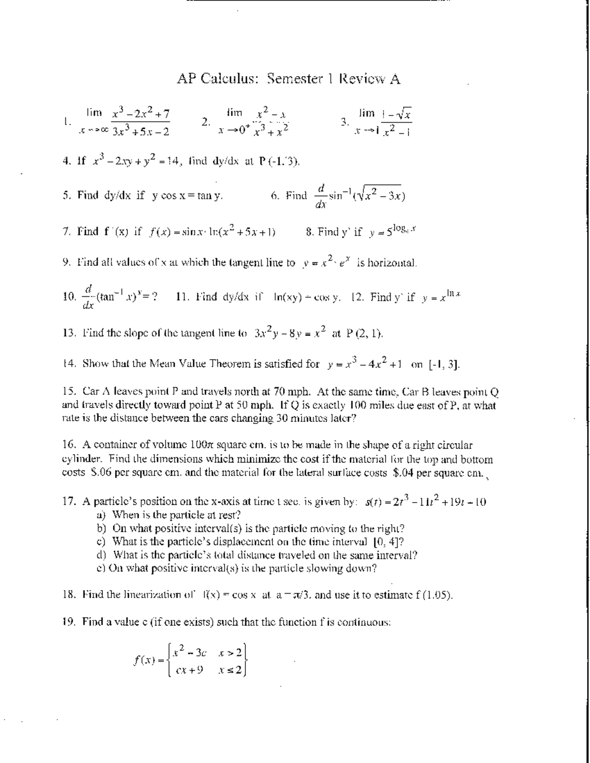 Calc I Semester 1 Review A w solutions - MAT 211 - Studocu