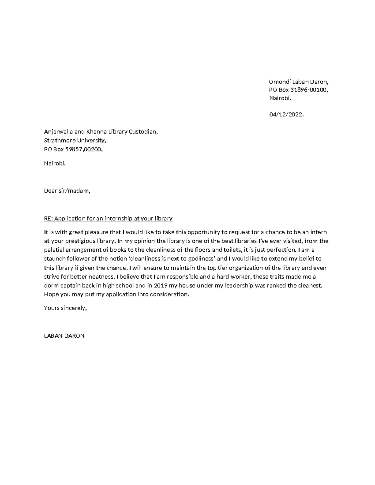 Assignment on letter - Omondi Laban Daron, PO Box 31896-00100, Nairobi ...