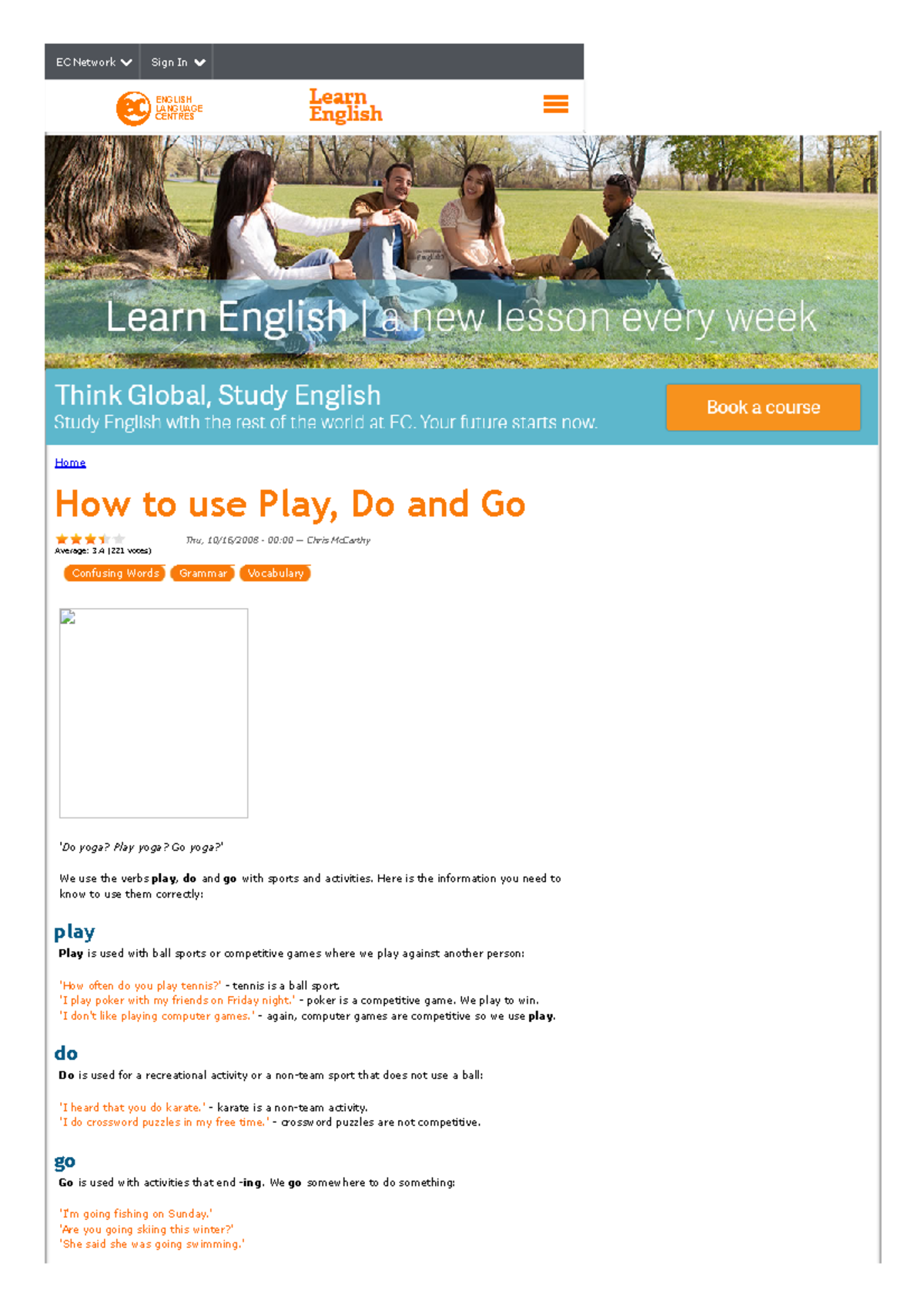 How to use Play, Do and Go Learn English - EC Network Sign In Confusing ...