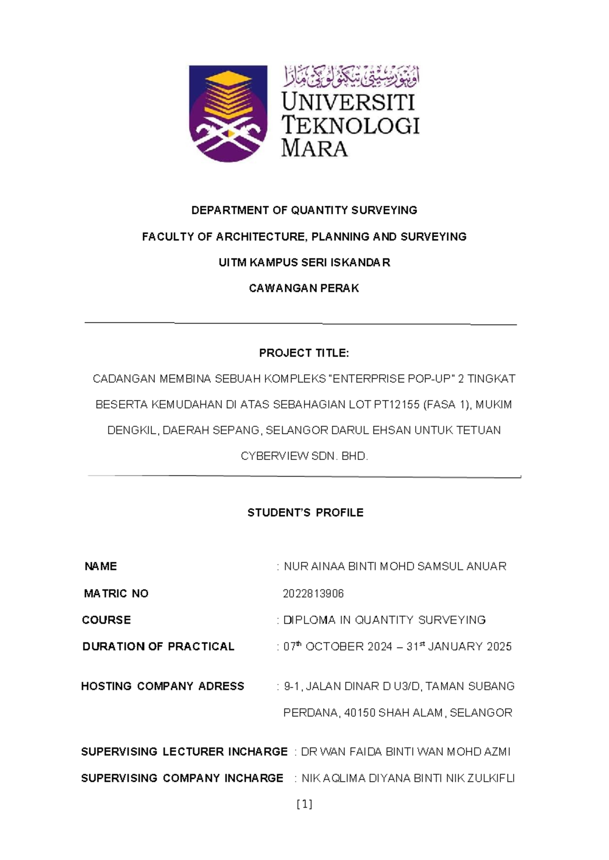 CASE Study Report (DQS301) - DEPARTMENT OF QUANTITY SURVEYING FACULTY ...