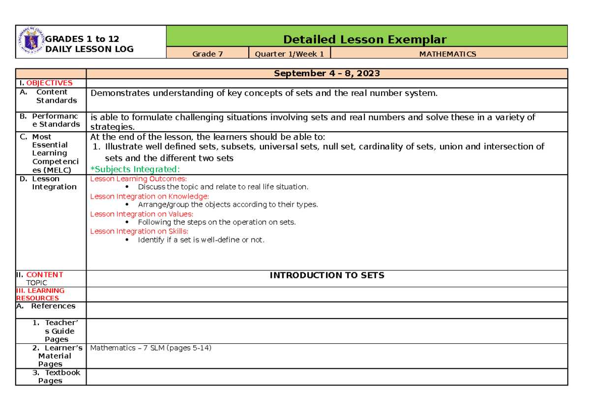 Math 7-week 1 - first quarter - GRADES 1 to 12 DAILY LESSON LOG ...