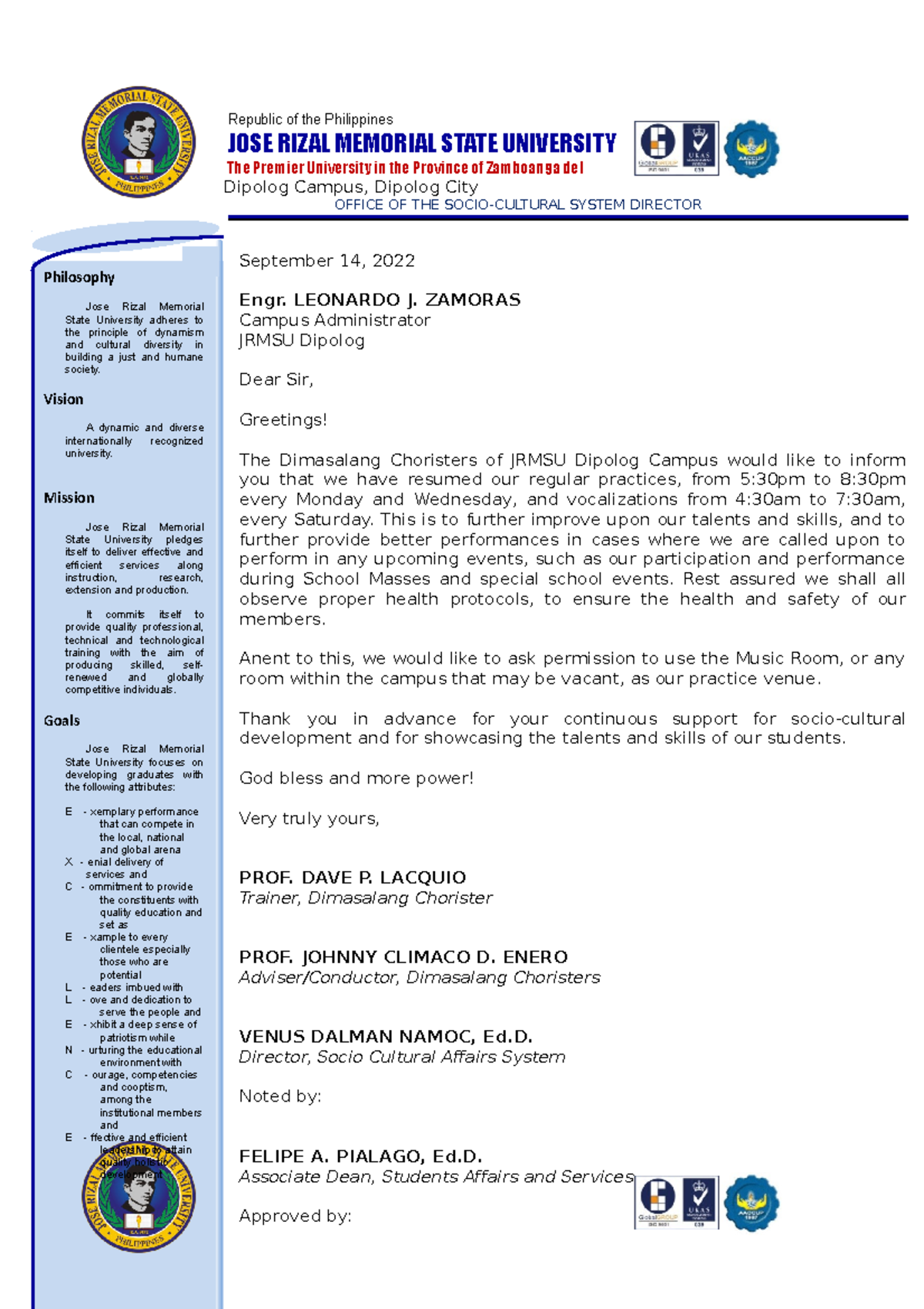 Letter for Practice TYPE 2 - Republic of the Philippines JOSE RIZAL ...