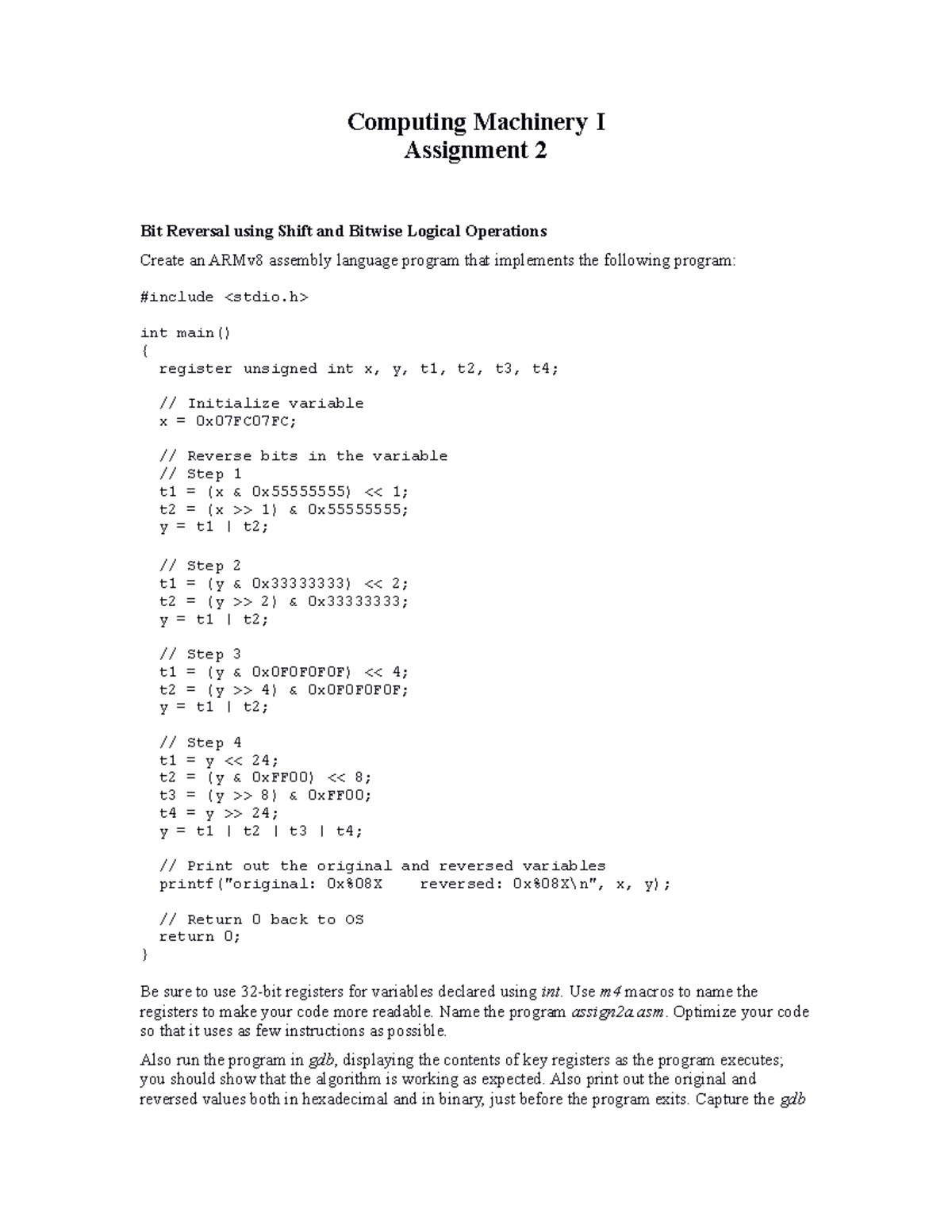 Assignment 2 Computing Machinery I Assignment 2 Bit Reversal Using