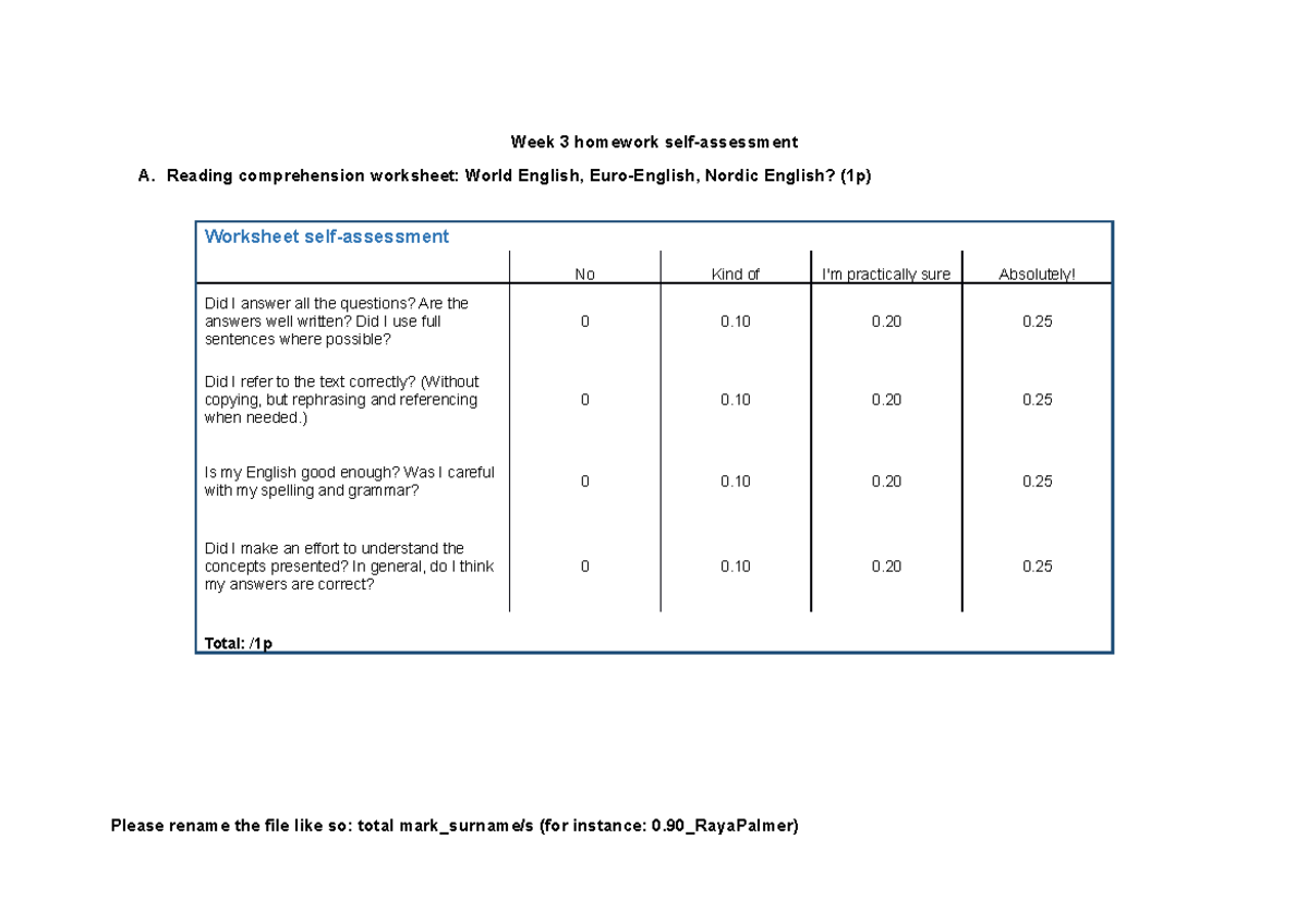 Week 3 Worksheet self-assessment obligatory for the class - Week 3 ...