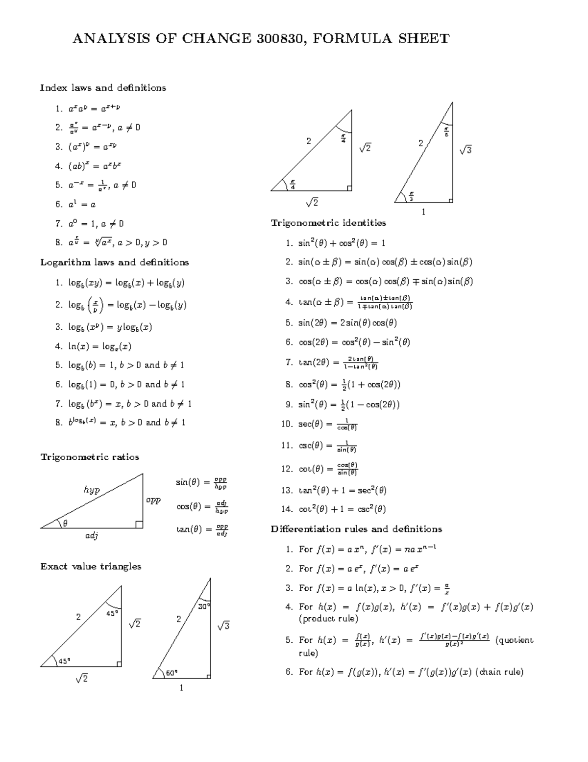 Formula Sheet-Ao C - ANALYSIS OF CHANGE 300830, FORMULA SHEET Index ...