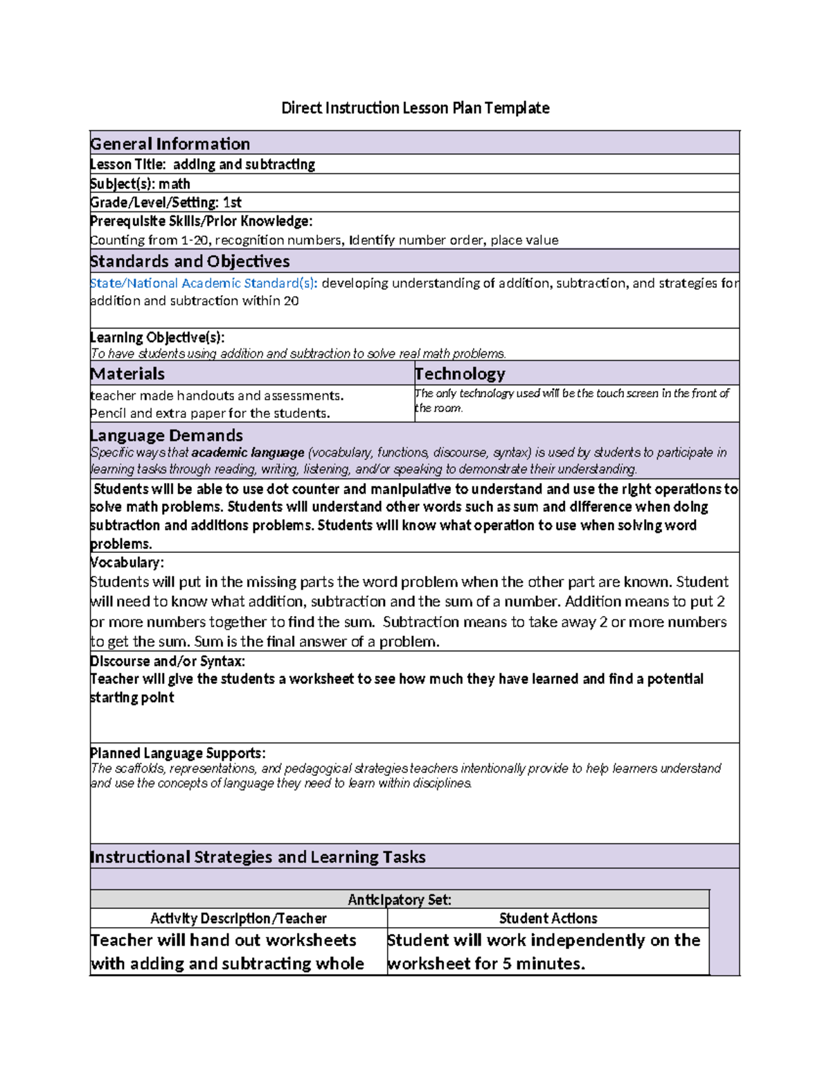 Task 2 lesson plan - PASSED - Direct Instruction Lesson Plan Template ...