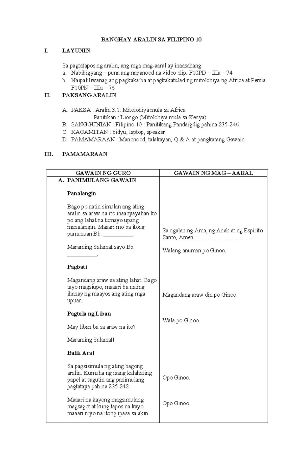 Banghay Aralin for practice teaching week 1 - BANGHAY ARALIN SA ...