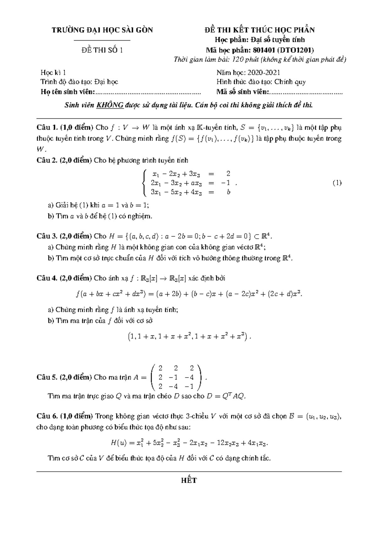 DSTT - DSTT 2303-2024 - TRƯỜNG ĐẠI HỌC SÀI GÒN ĐỀ THI KẾT THÚC HỌC PHẦN ...