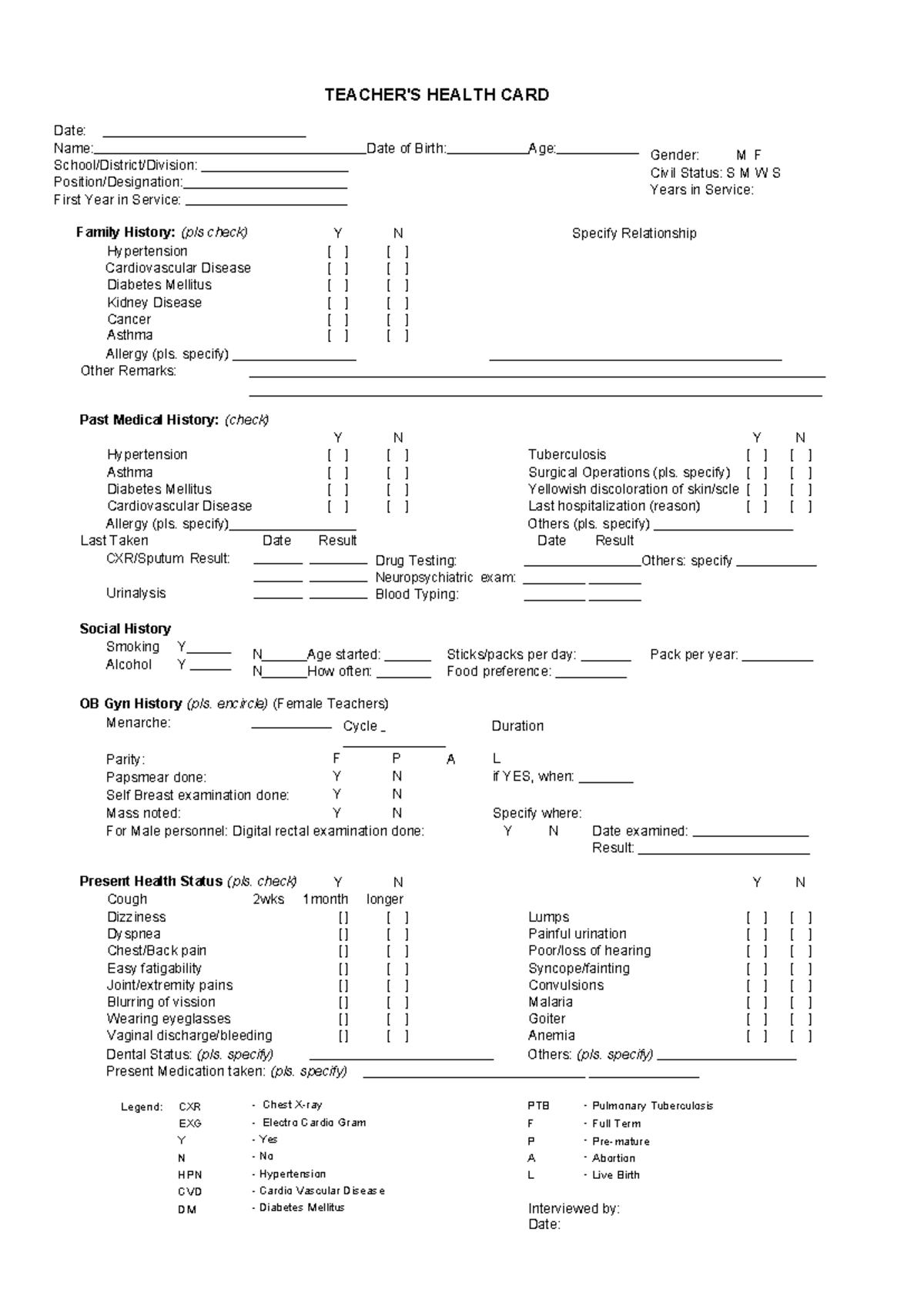 Teachers health card - Lecture Notes - TEACHER'S HEALTH CARD Date: Name ...