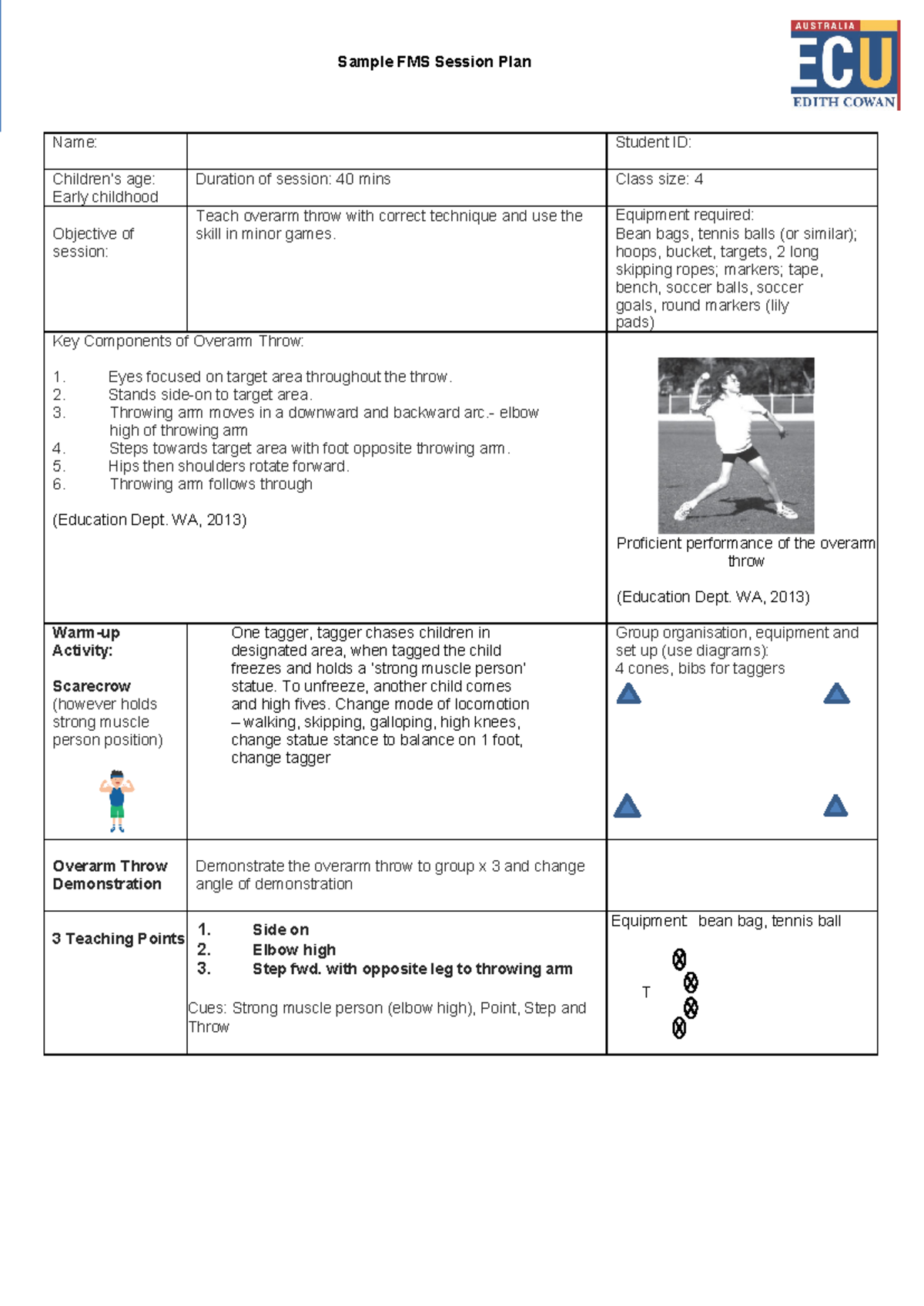 SPS1530 Assessment 1 FMS Session Plan Over Sample - Sample FMS Session ...