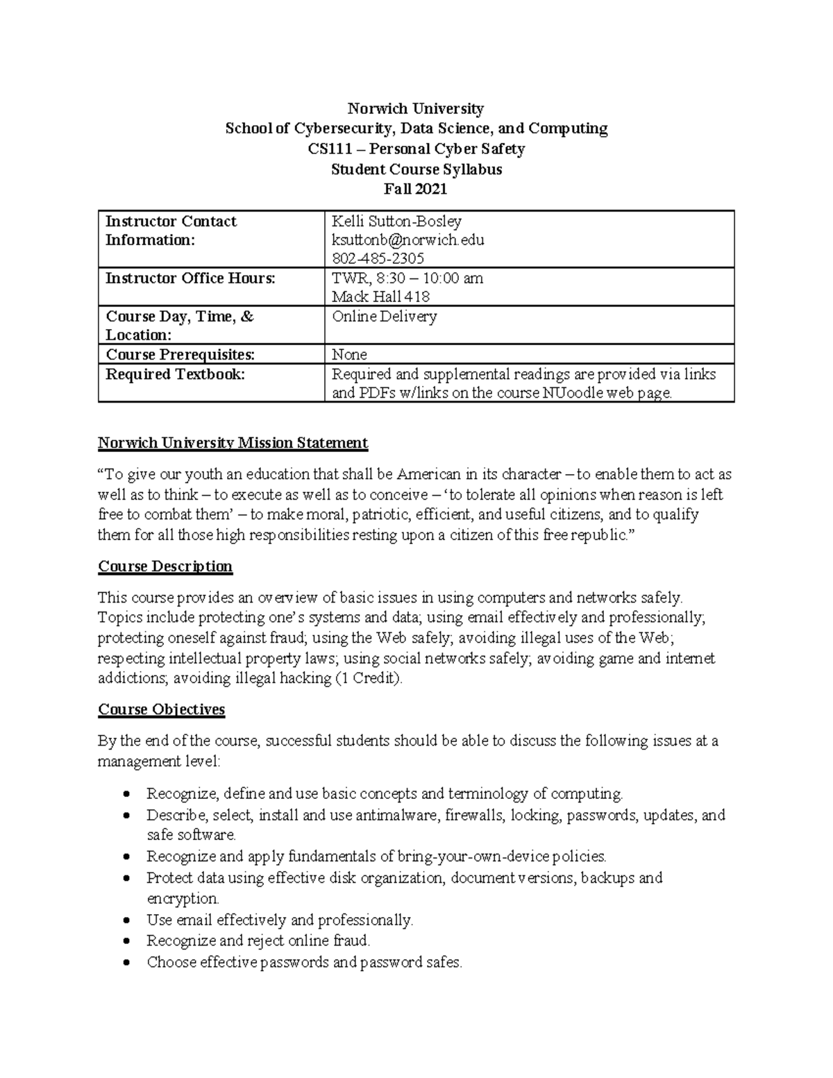 CS111 Fall 2021 Syllabus - Norwich University School of Cybersecurity ...