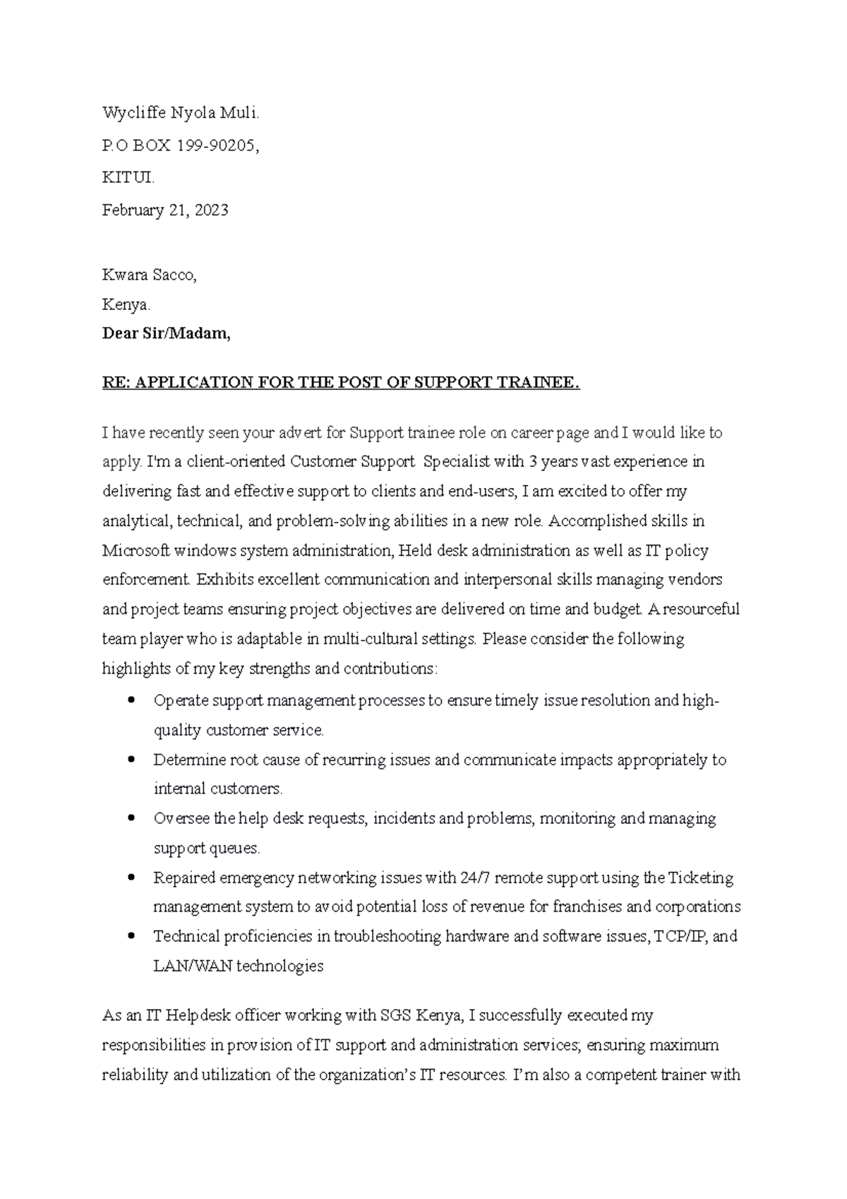 Support Trainee. Cover Letter - Wycliffe Nyola Muli. P BOX 199-90205, KITUI. February 21, 2023 ...