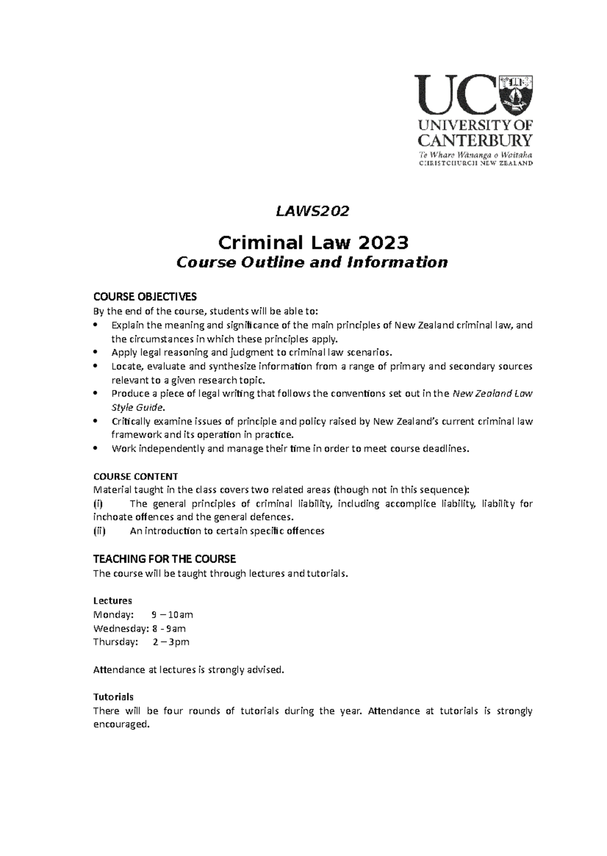 LAWS202 2023 Course Outline - LAWS Criminal Law 2023 Course Outline and ...