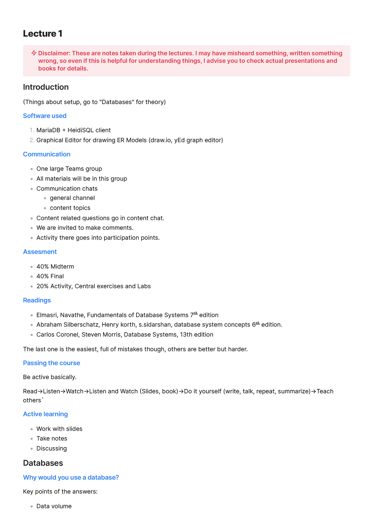 Databases Week 1 - ER diagrams and Relations - Lecture 1 Introduction Things about setup, go to ...
