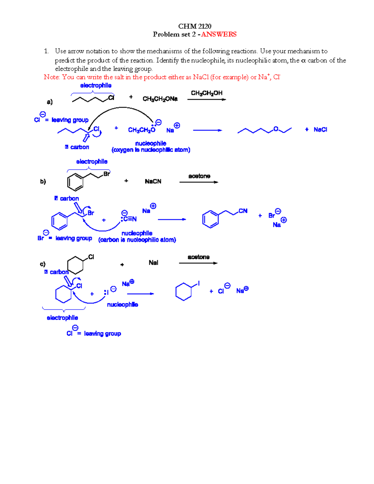 Problem Set 2 - SN2, SN1, E1, E2 Reactions (Answers) - CHM 2120 Problem ...
