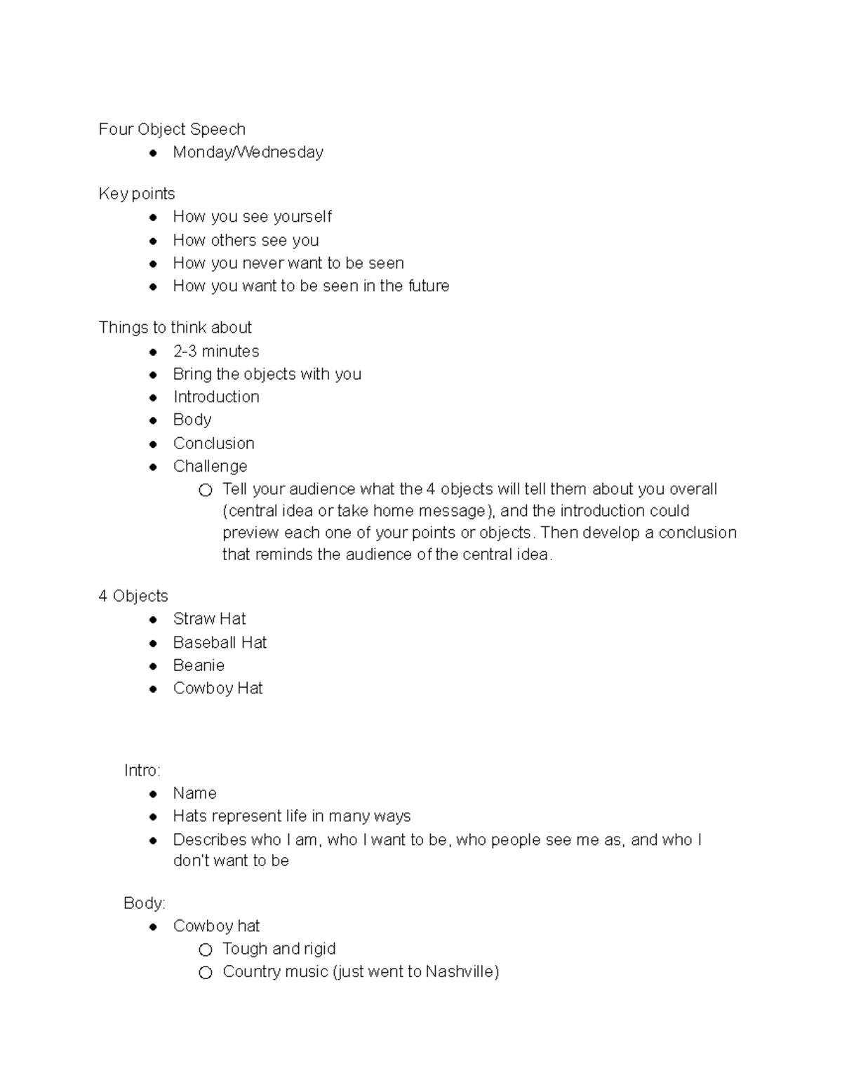 Four Object Speech - Four Object Speech Monday/Wednesday Key points How ...