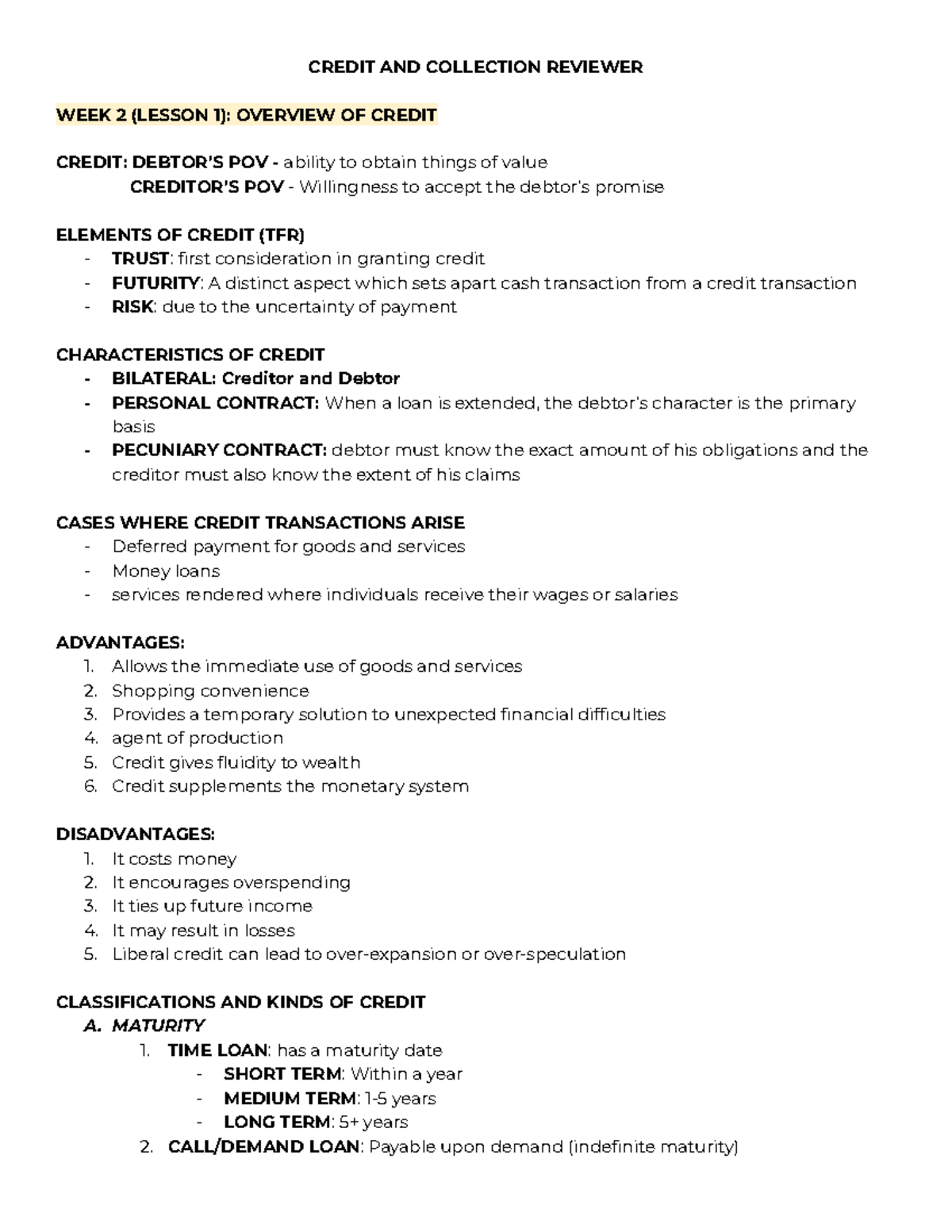 Credit AND Collection Reviewer - CREDIT AND COLLECTION REVIEWER WEEK 2 ...